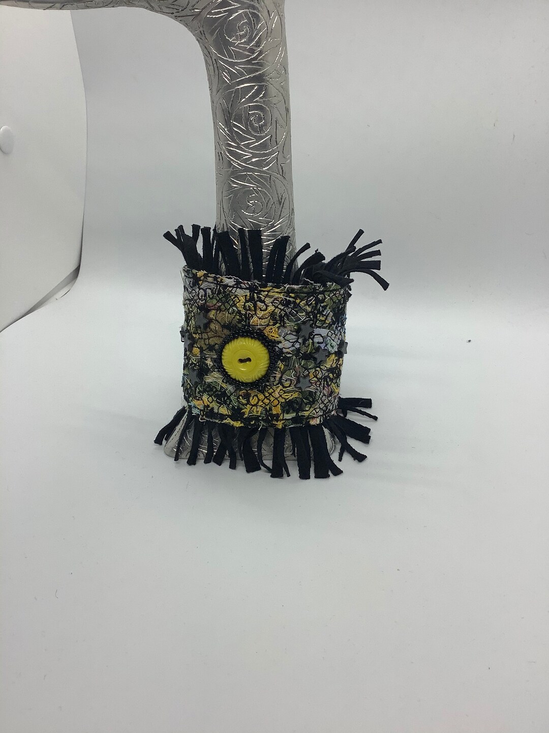 Wristlet in Yellow and Black, Old Buttons, Beads, Embroidered Wrist 7.5 ...