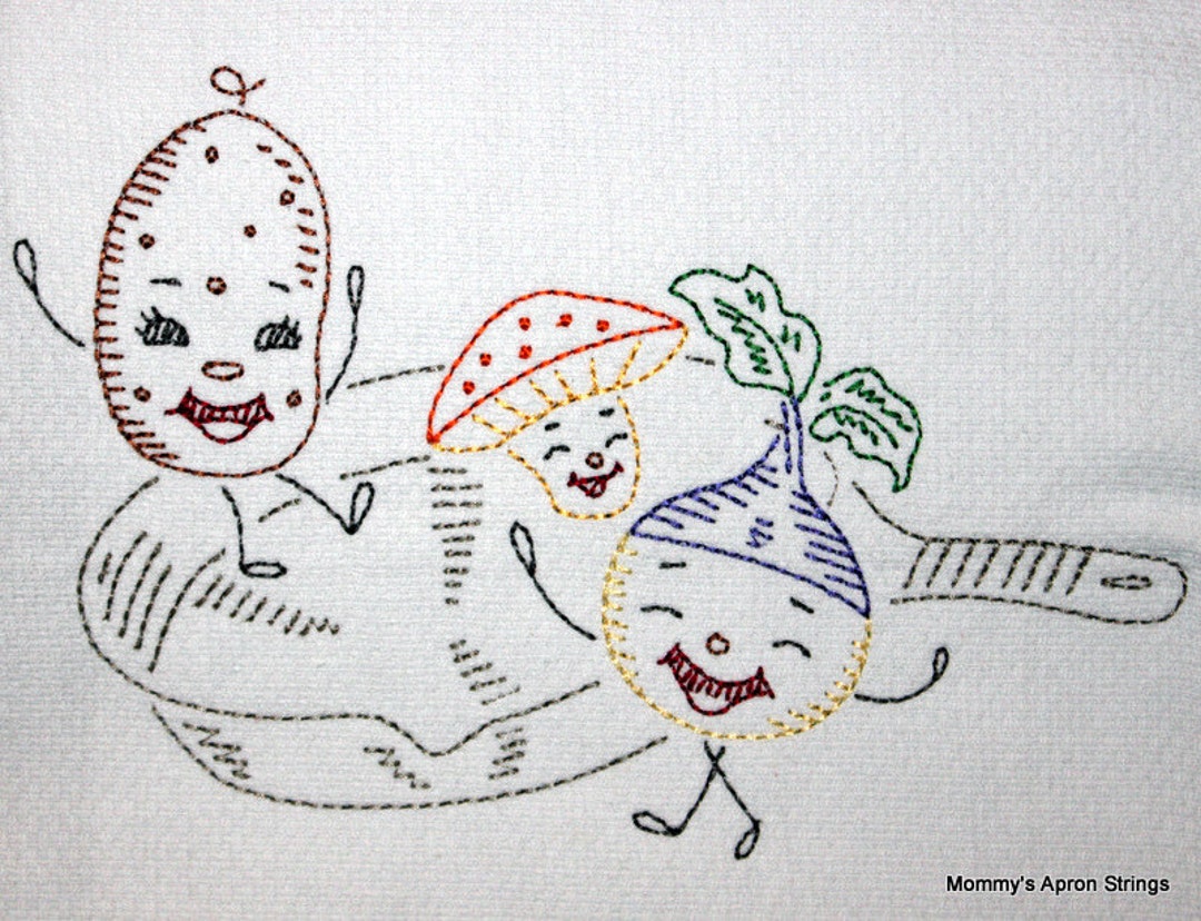 Vintage Anthropomorphic Veggies Dancing in a Pan, Machine Embroidery ...