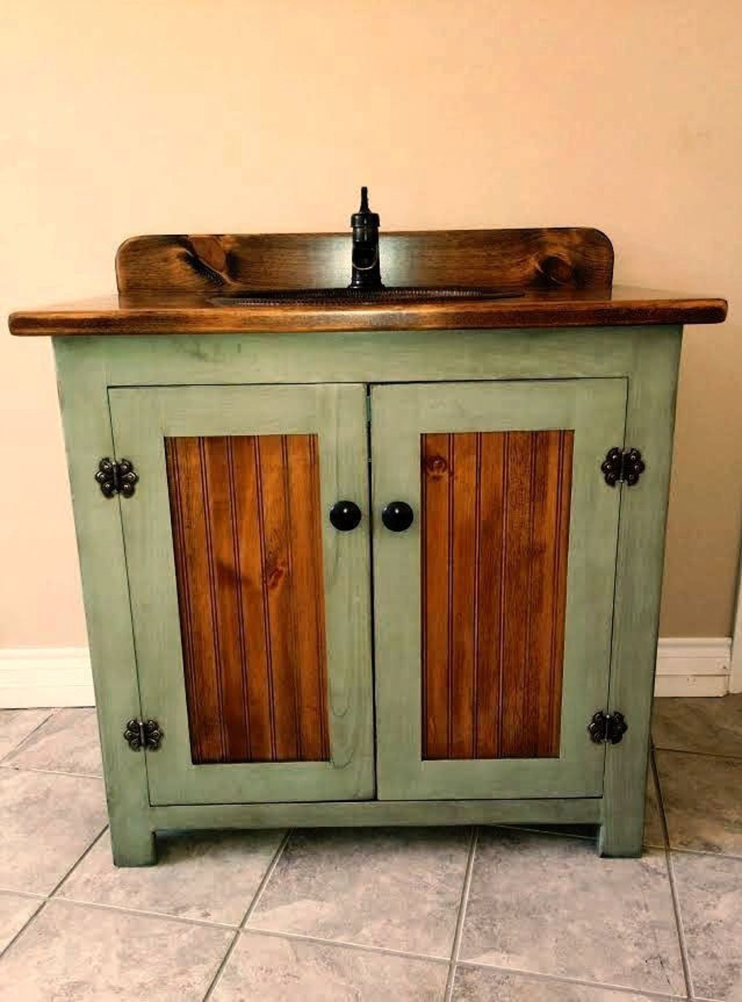 Country Pine Bathroom Vanity With Hammered Copper Sink: 36 Inch Wide ...