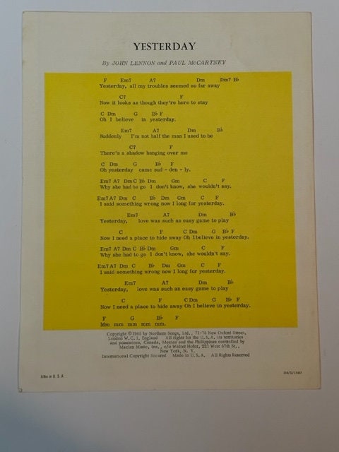 The Beatles Yesterday Song Sheet 1965 - Etsy