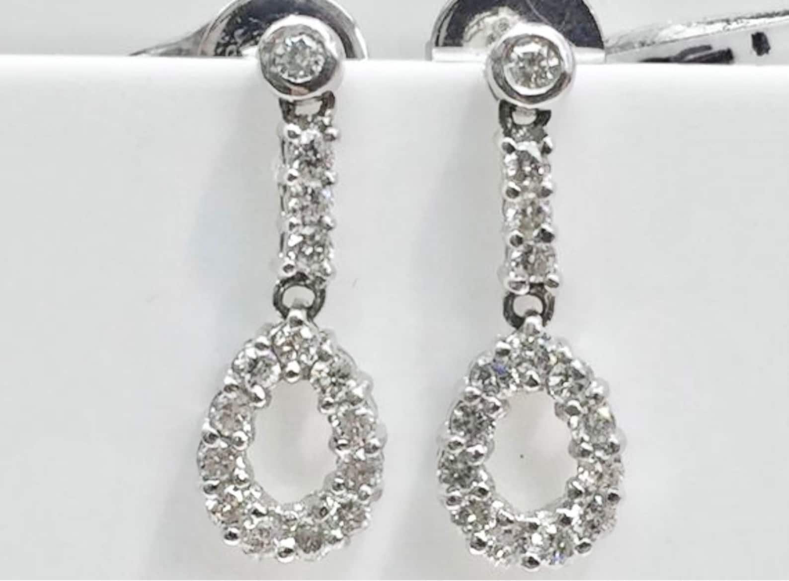 14K White Gold Diamond Dangling Loop Earrings Dangling - Etsy