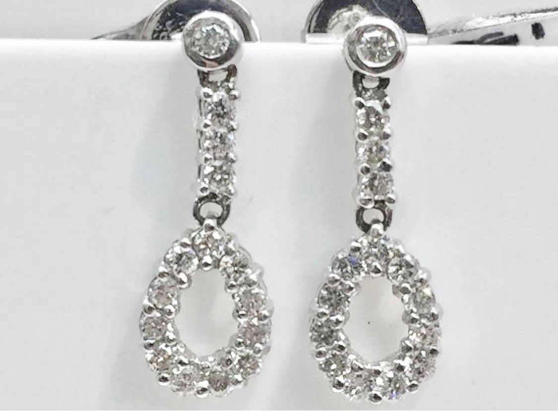 14K White Gold Diamond Dangling Loop Earrings Dangling | Etsy