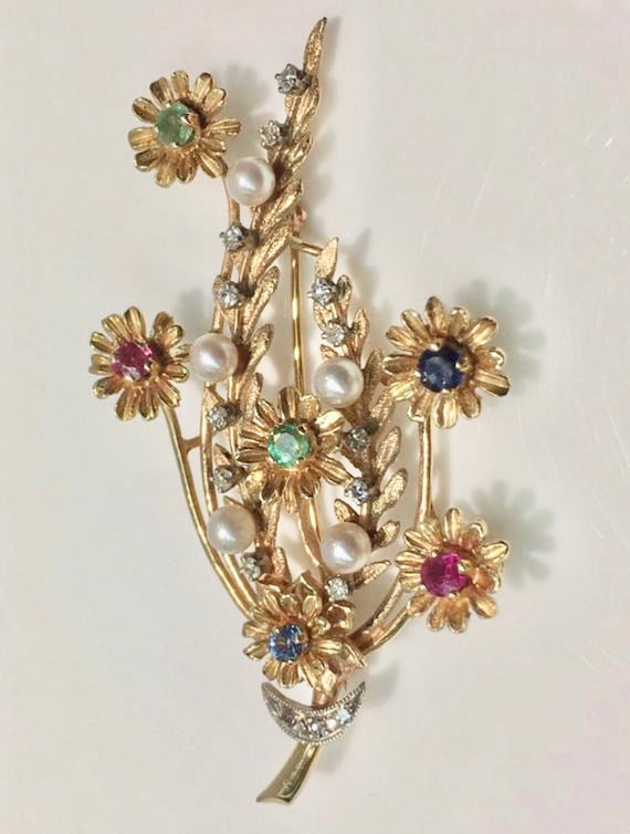Vintage Diamond Pearl and Precious Gemstone Pin in 14K Gold - Etsy