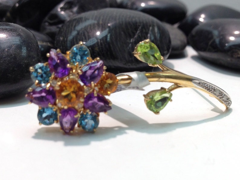 Vintage Flower Diamond and Semi Precious Gemstone Pin in 14K | Etsy