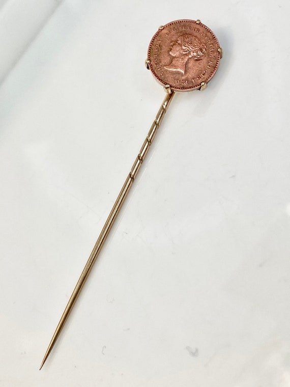 Antique 1839 Farthing Stick Pin in 14K Gold, Queen Vi… - Gem