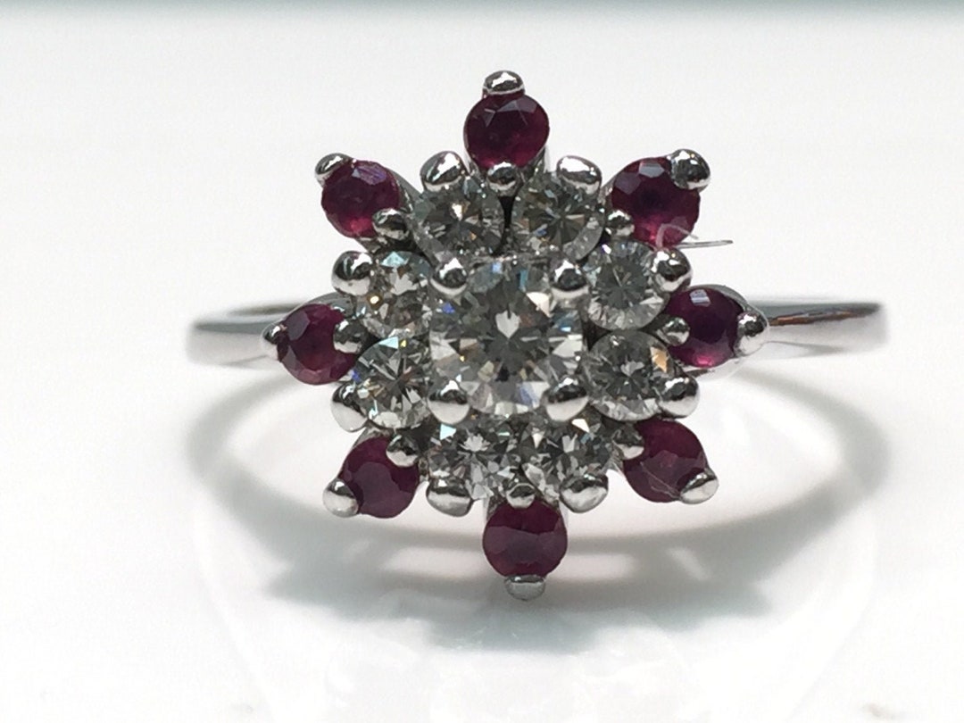 Floral Design Diamond and Ruby Ring in 14K Gold, Vintage Ruby and ...