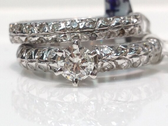 14K White Gold Handmade Vintage Diamond Bridal Set - Gem