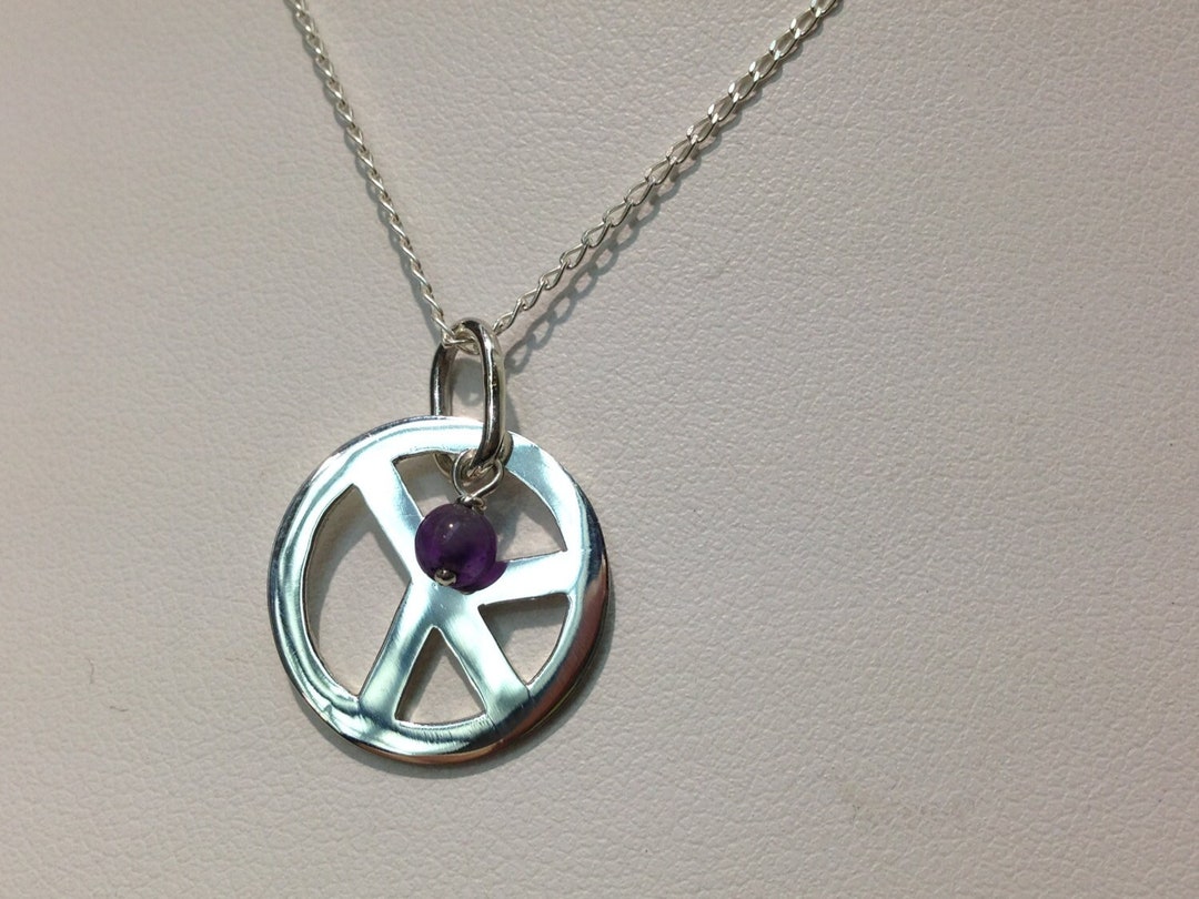 Handmade Floating Peace Sign With Amethyst Bead in Solid Silver on a ...