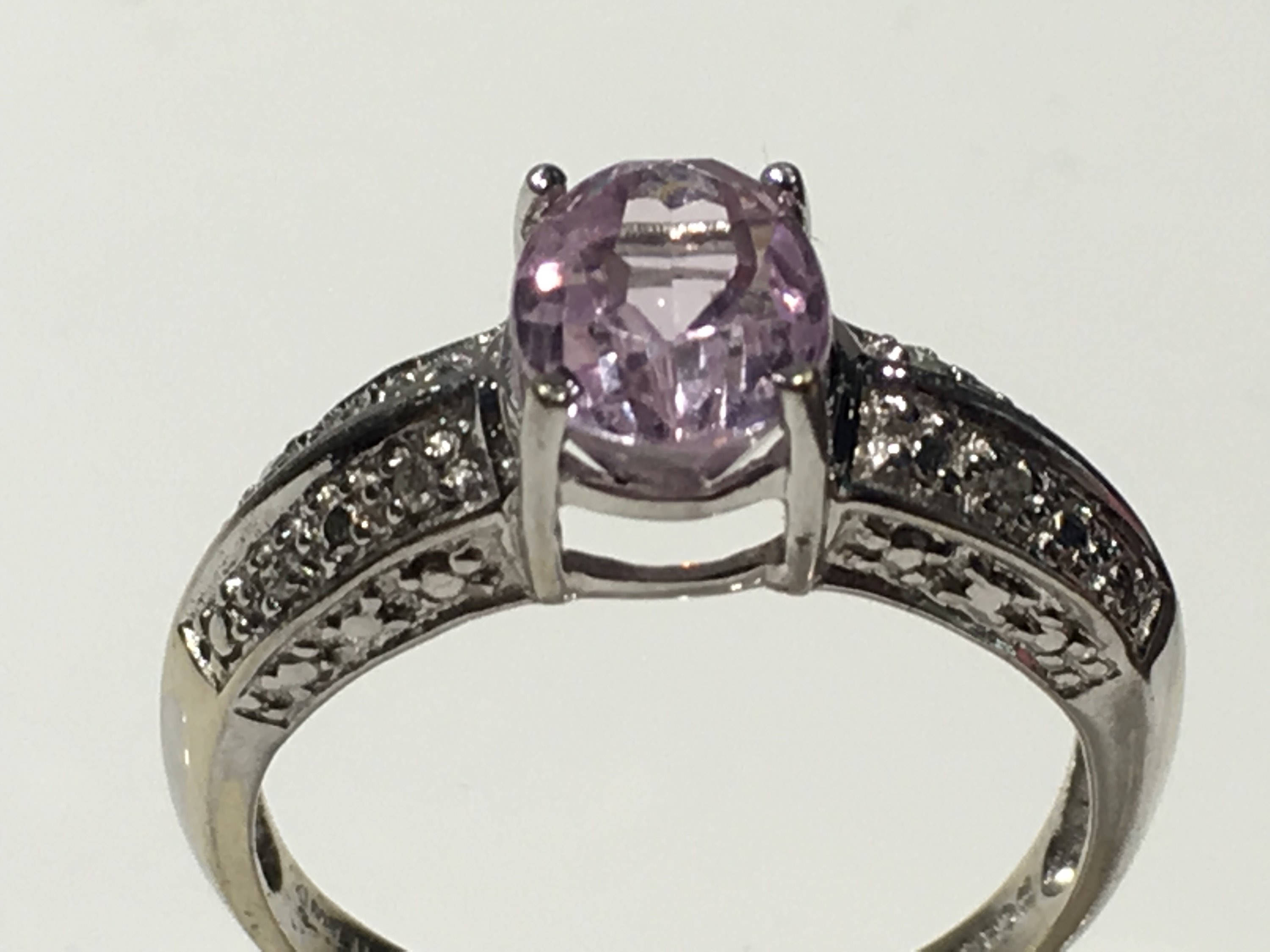 White Gold Diamond and Rose Colored Stone Ring, Rose Quartz, Diamond ...