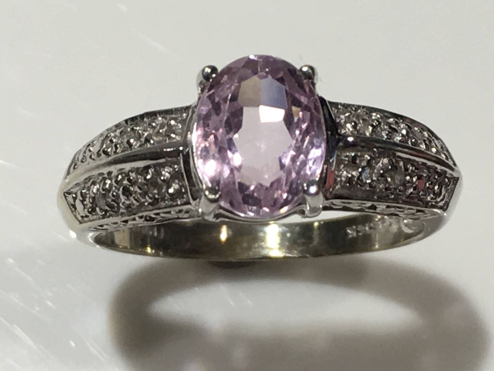 White Gold Diamond and Rose Colored Stone Ring, Rose Quartz, Diamond ...