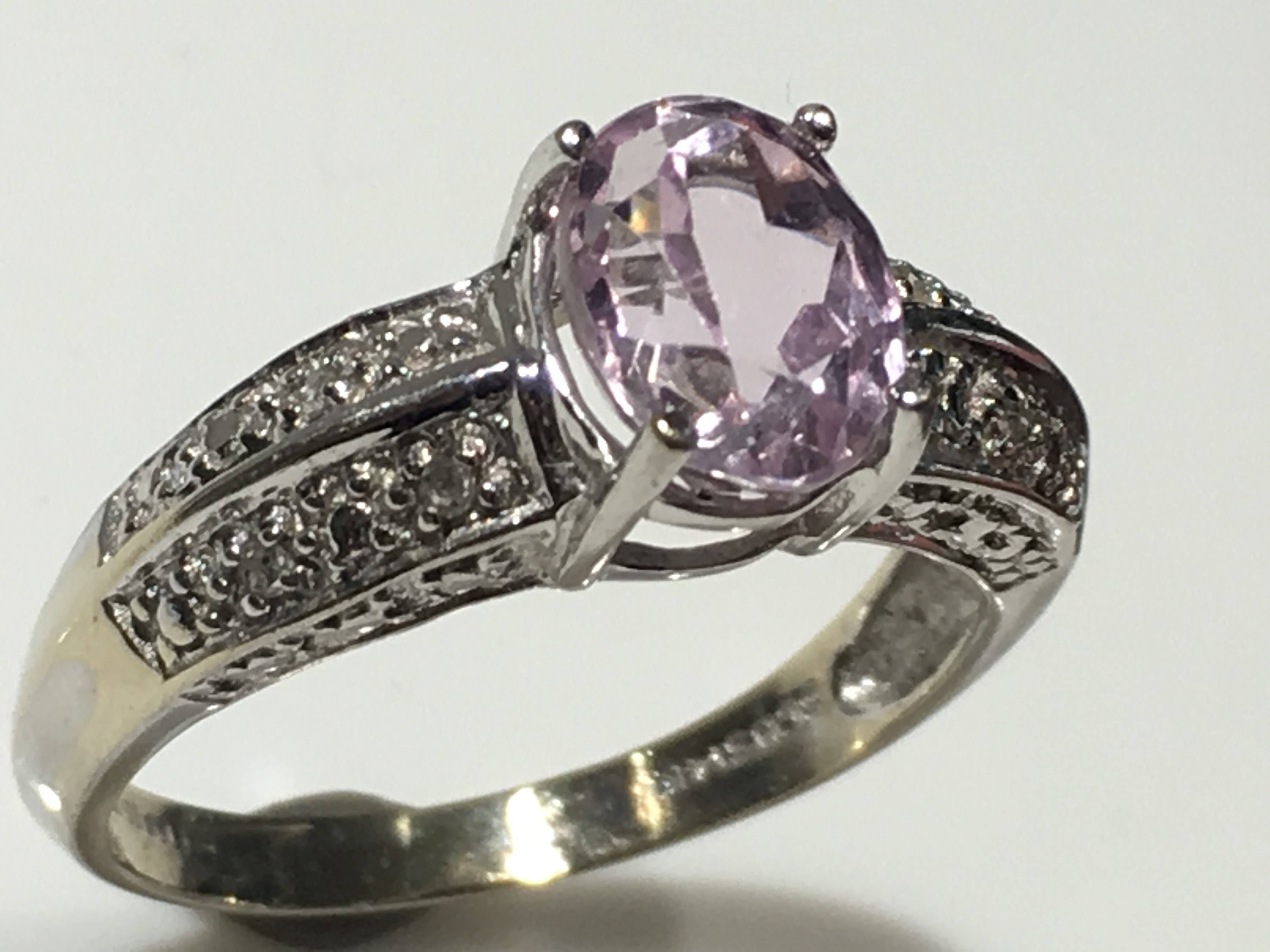White Gold Diamond and Rose Colored Stone Ring, Rose Quartz, Diamond ...