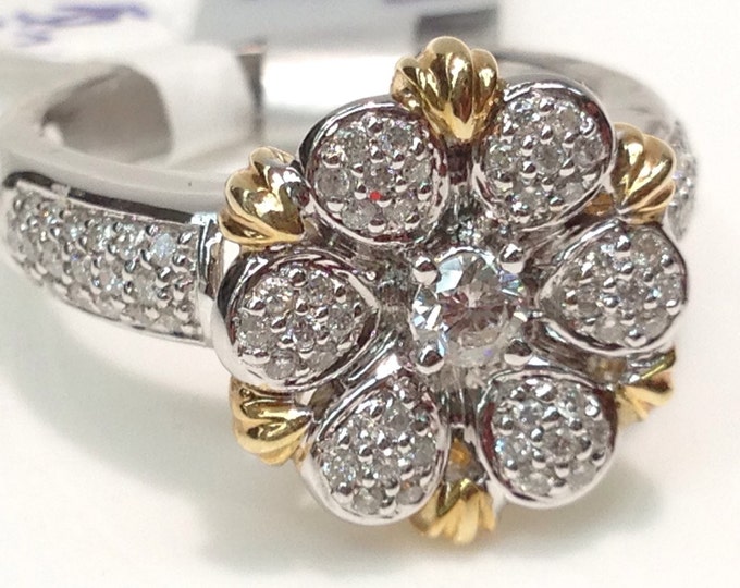 Two-tone Floral Design Diamond Ring in 14K Gold, Flower Ring, Diamond ...