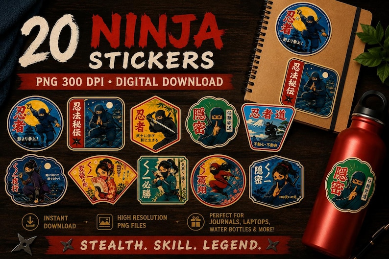 20 Japanese Ninja Stickers (digital Download) - Etsy