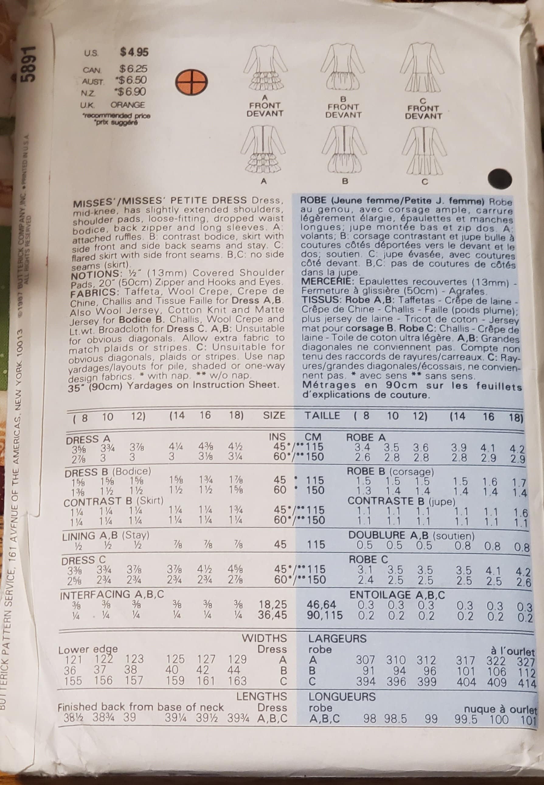 Butterick Easy 5891 Sewing Pattern - Etsy