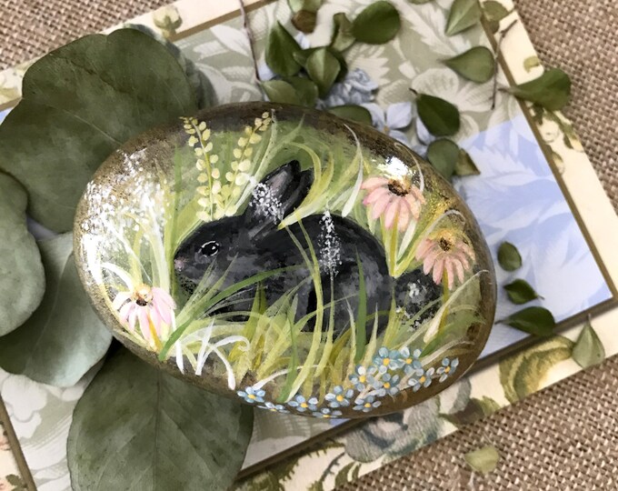 Bunny Rock, Painted Rock, Rabbit Rock, Garden Scene Rock, Garden Decor ...