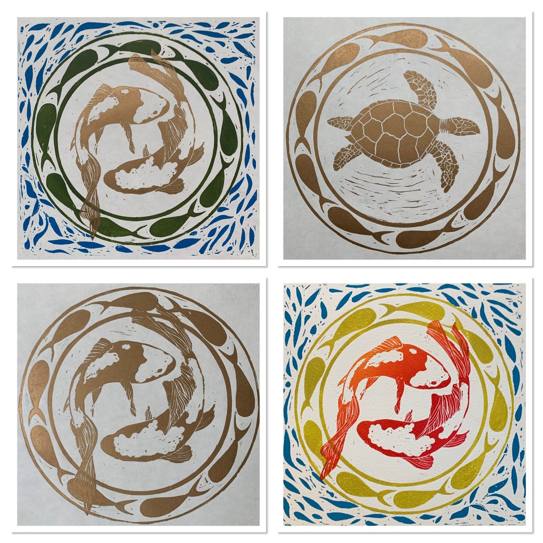 Koi Fish and Turtle Lino-cut Print - Etsy