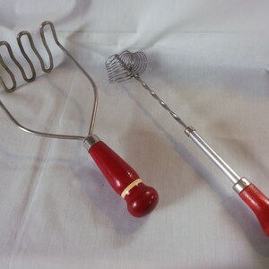 Vintage Pair of Red Handled Utensils - Potato Masher - Whipper - Red ...