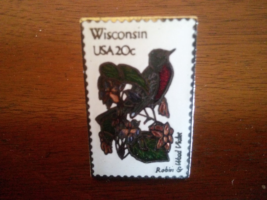 Vintage Postage Stamp Pin - Robin Wood Violet Pin - Wisconsin Stamp Pin ...