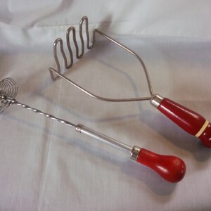 Vintage Pair of Red Handled Utensils - Potato Masher - Whipper - Red ...