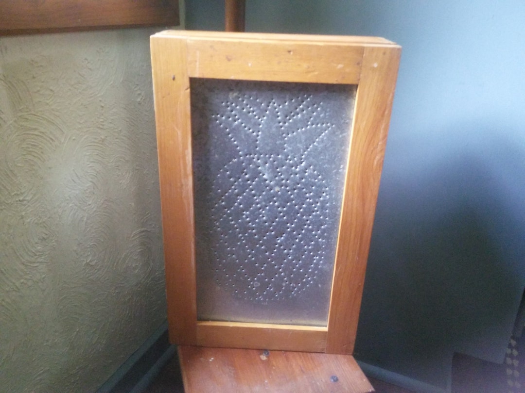 Vintage Punched Tin Cabinet - Wood Spice Box - Wood Shelf - Pineapple ...
