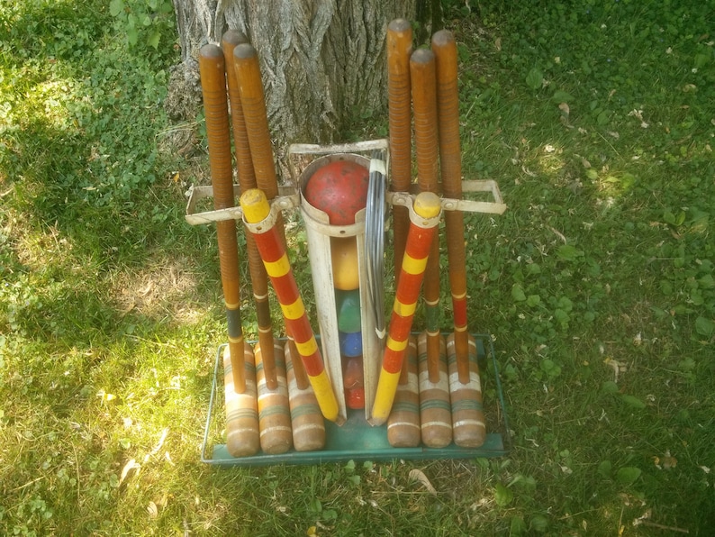Vintage Six Player Wood Croquet Set With Stand - Garden Croquet ...