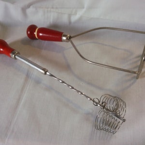 Vintage Pair of Red Handled Utensils - Potato Masher - Whipper - Red ...