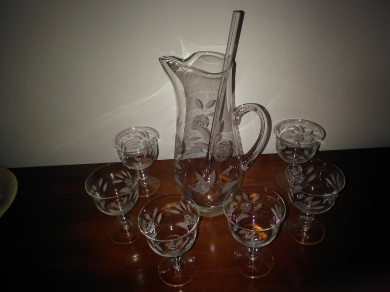 Vintage Etched Crystal Rose Pattern Martini Set Martini Set | Etsy