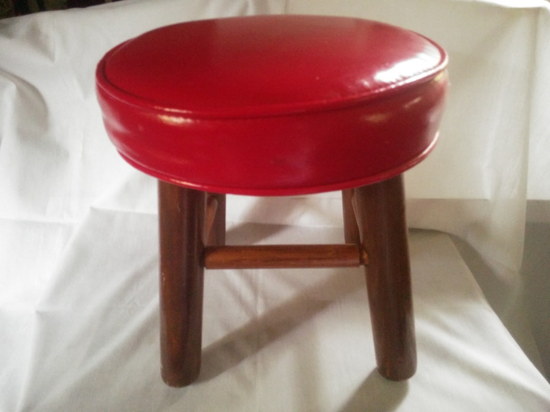 Vintage Foot Stool Ottoman Red Vinyl Foot Stool Foot Stool Round Foot ...