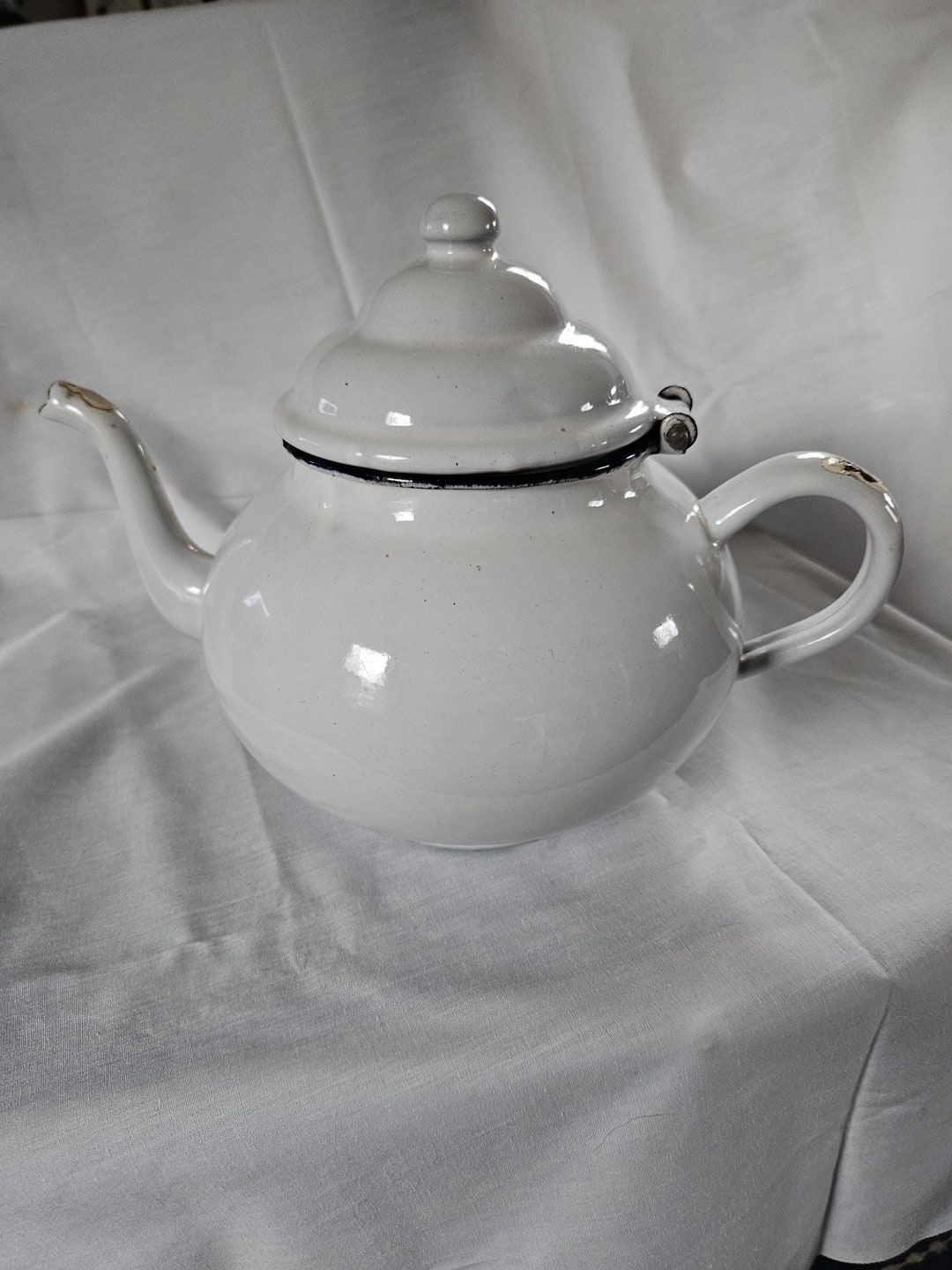 Vintage Enamelware Teapot - White Enamelware Teapot - Enamelware Coffee ...