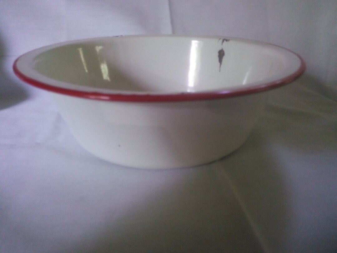 Vintage Enamelware White With Red Trim Bowl - Enamelware Wash Tub ...
