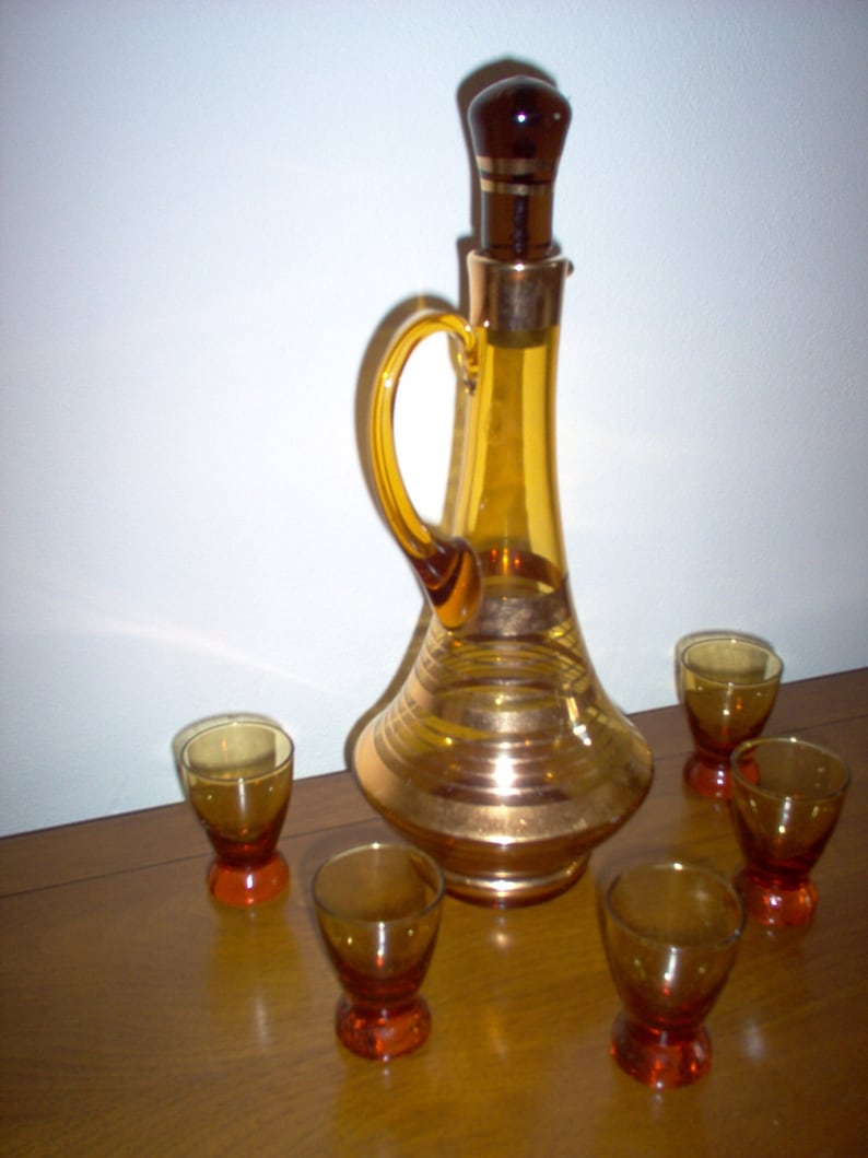 Vintage Amber Decanter Set - Amber Wine Set - Vintage Cordial Set ...
