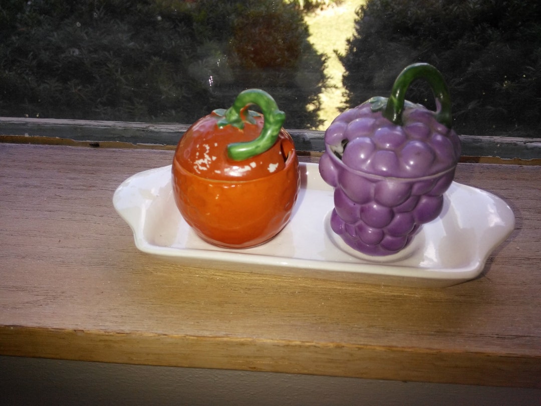 Vintage Five Piece Condiment Set - Lidded Orange and Grape Jars ...