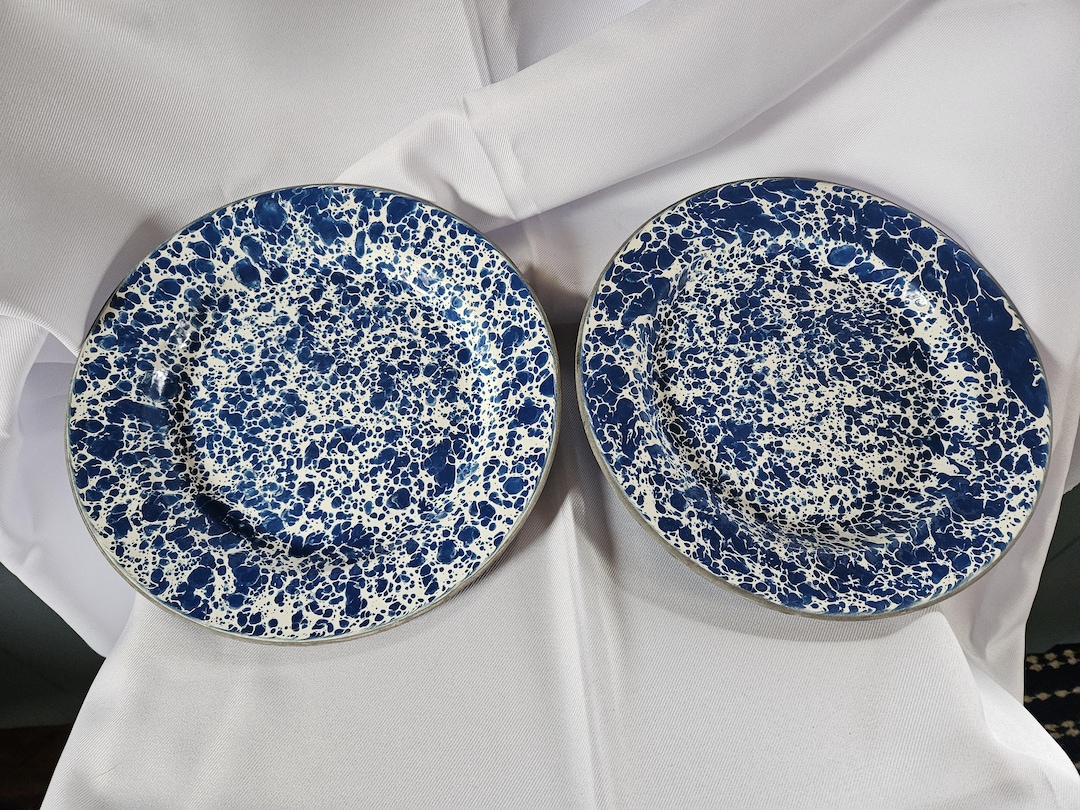 Vintage Blue and White Splatter Enamelware Plates - Farmhouse Kitchen ...