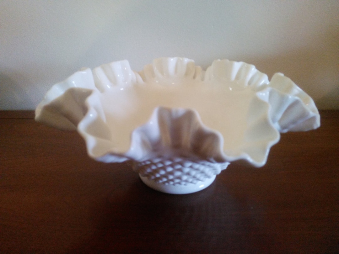 Vintage Fenton Hobnail Bowl - Vintage White Hobnail Ruffled Edge Bowl ...