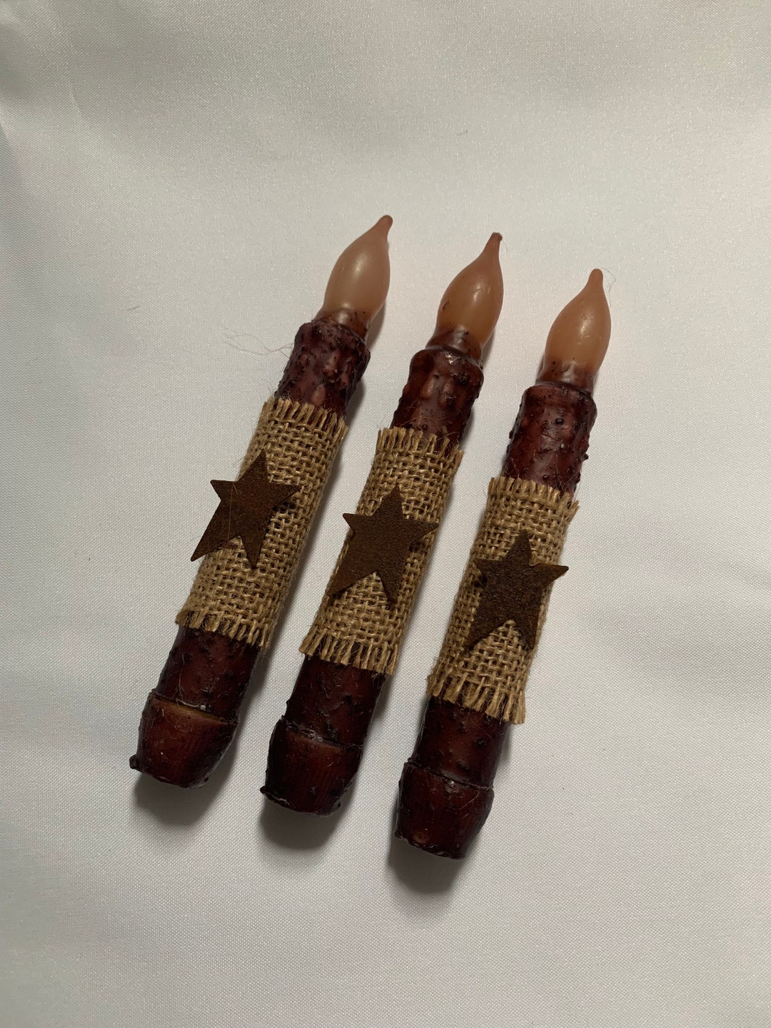 Timer Taper Candles Burgundy Burlap Wrap Rusty Star Set of Three Grunge ...
