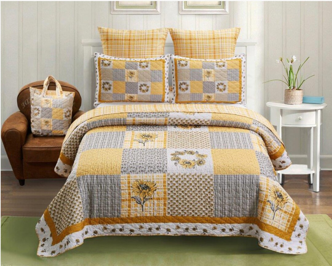 Farmhouse Sunflower Floral Printed Lightweight KING Quilted Bedspread ...