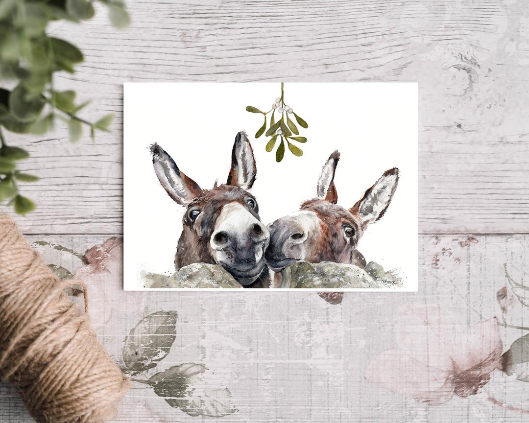 Donkey Christmas Card, Donkey Mistletoe Greetings Card, Donkey Painting ...