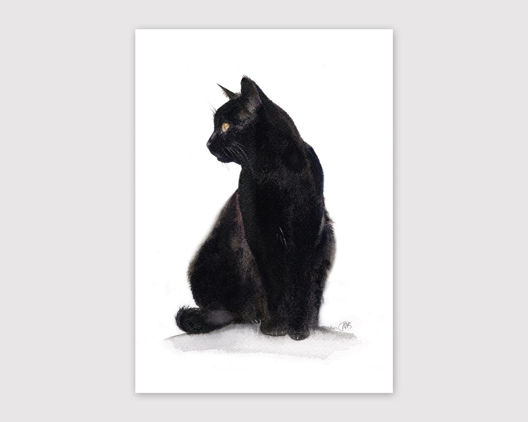 Black Cat Watercolour Painting Art Print , Cat Lovers Gift, Cat Fine ...