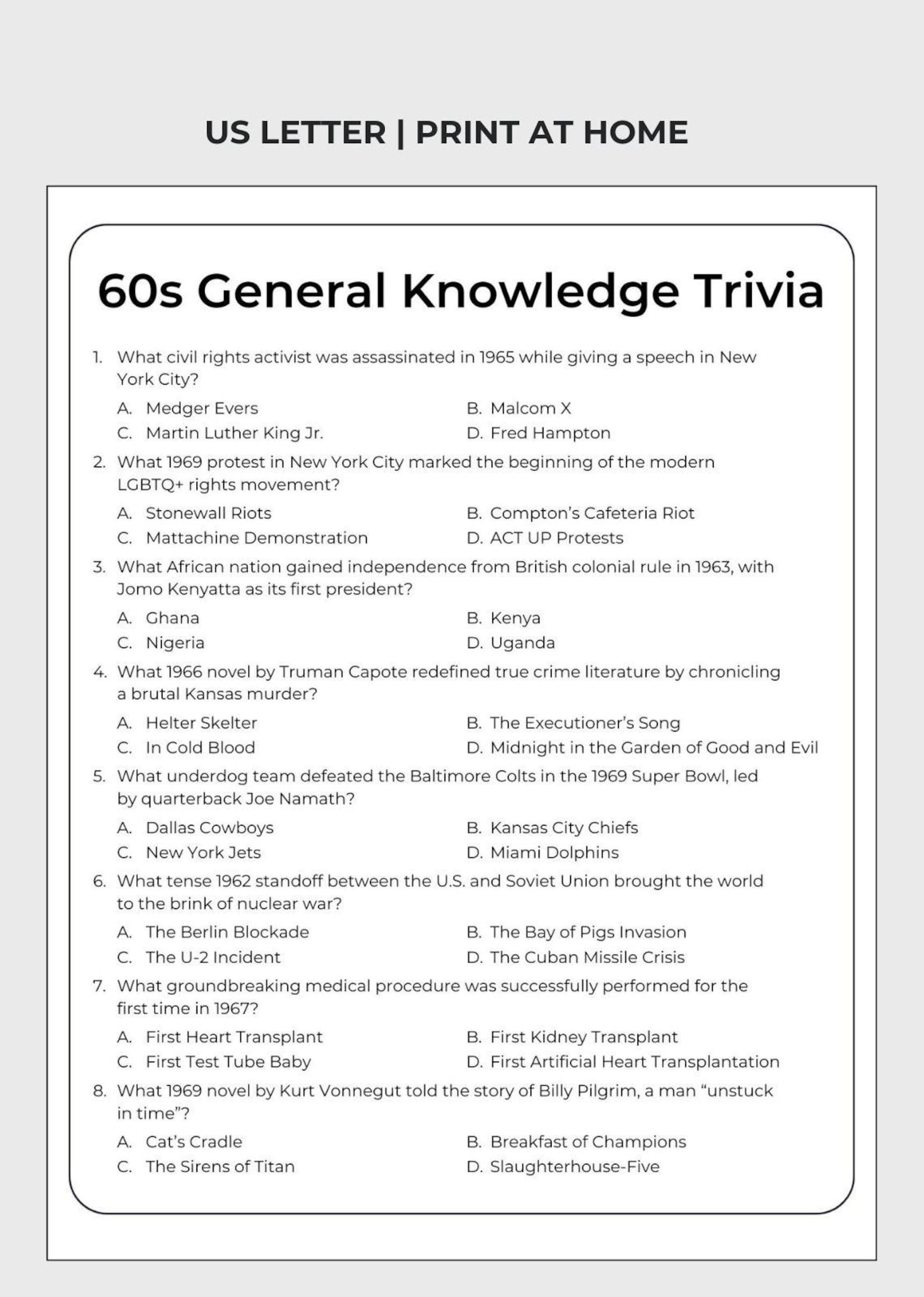 1960s PRINTABLE TRIVIA GAME Sheets | Generations Pub Quiz Paper Games ...