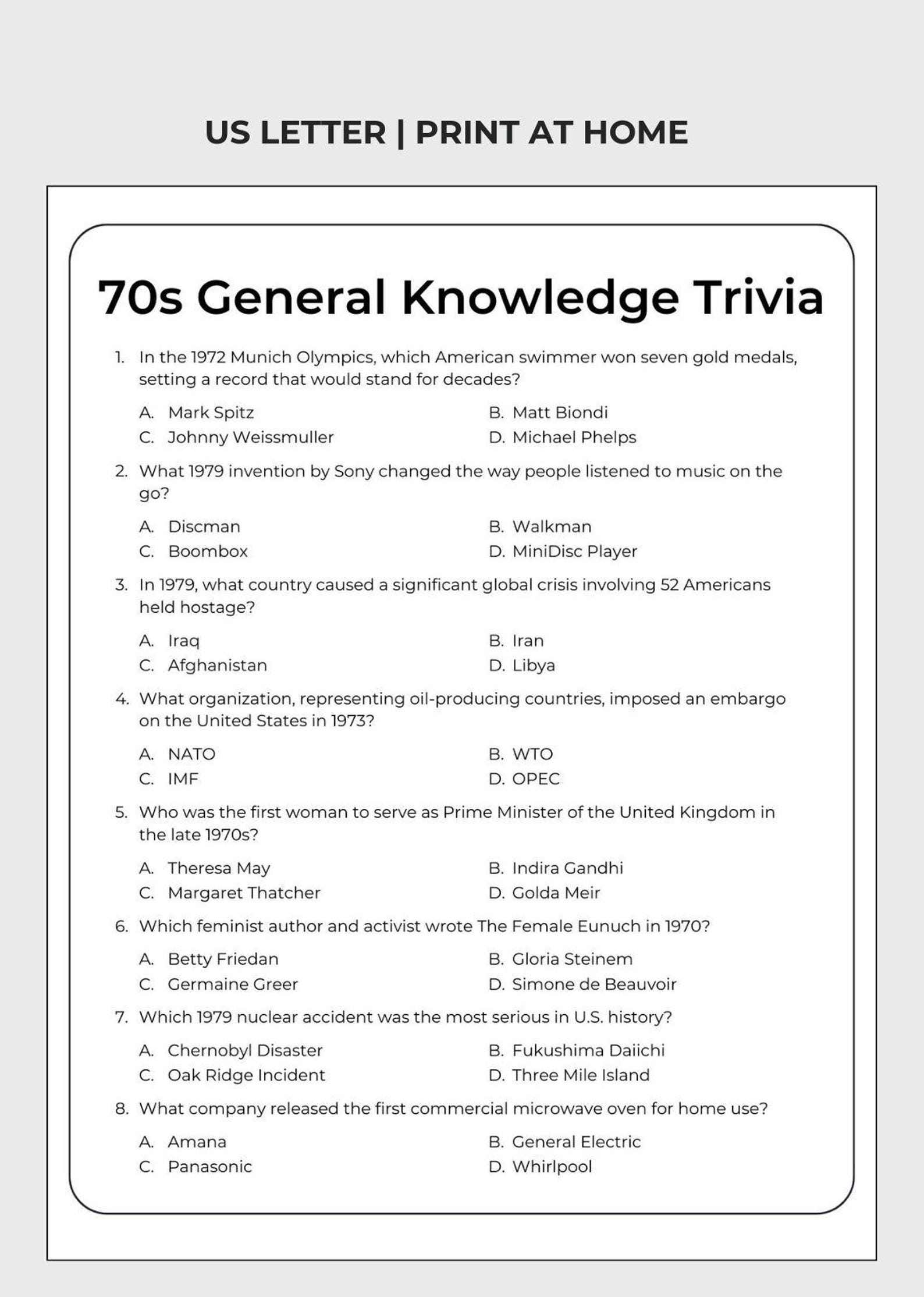 1970s Trivia Game Bundle: 70s Pop Culture Party Paper Games (printable ...
