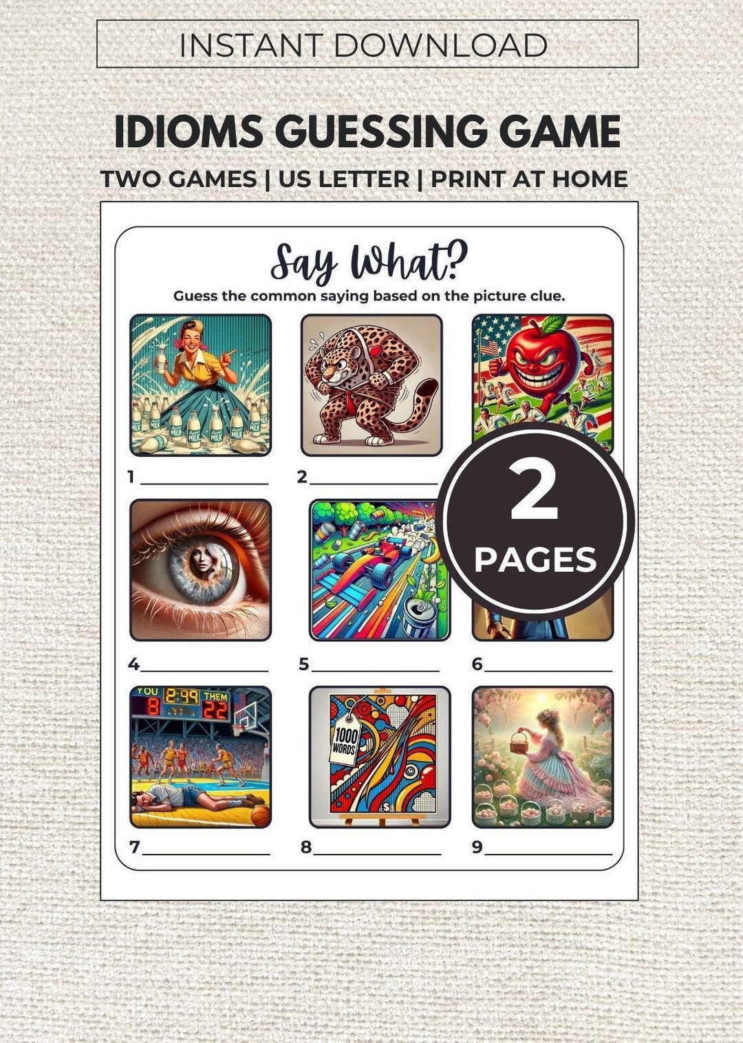 IDIOM PICTURE GAME | Printable Pdf Picture Quiz Game | Paper Icebreaker ...