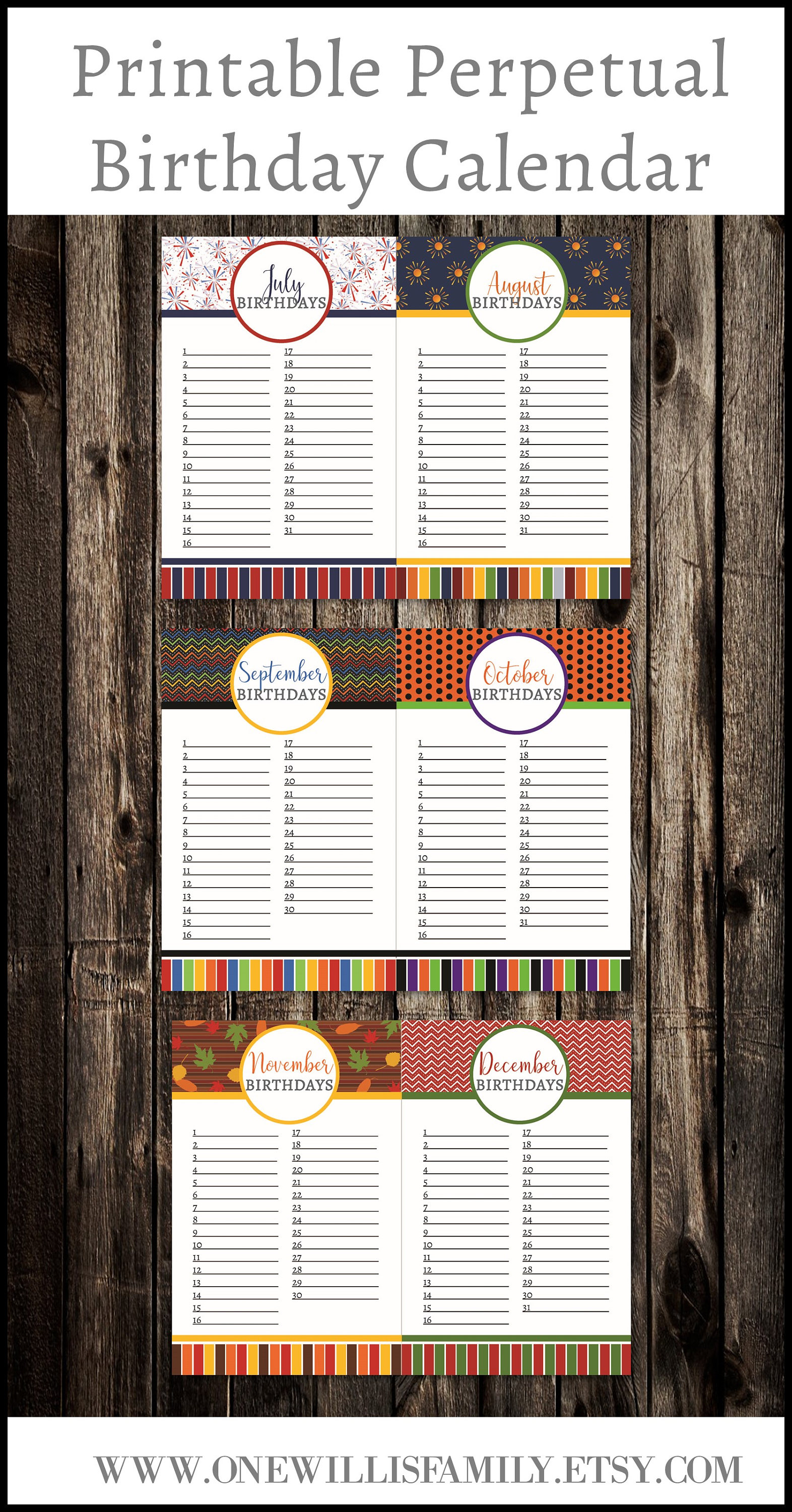 Perpetual Birthday Calendar Printable: Sized to 8.5x5.5, Half Page ...