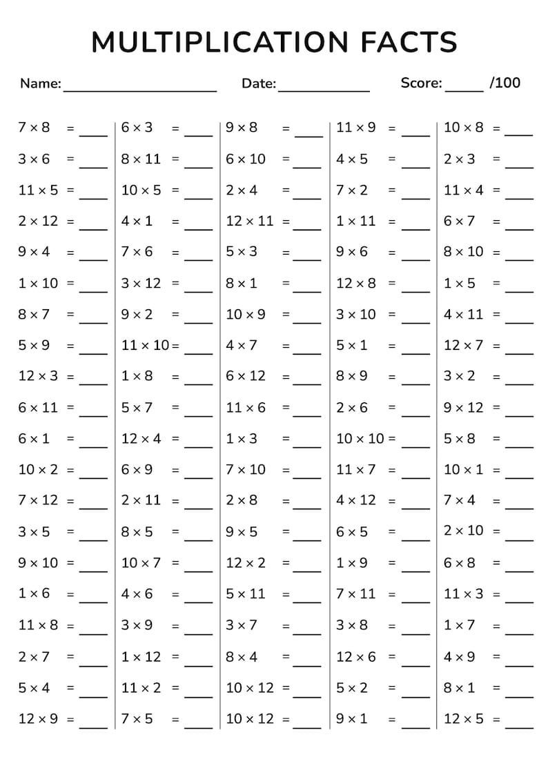 10 Printable Multiplication Facts Worksheets | Times Tables 1–12 ...