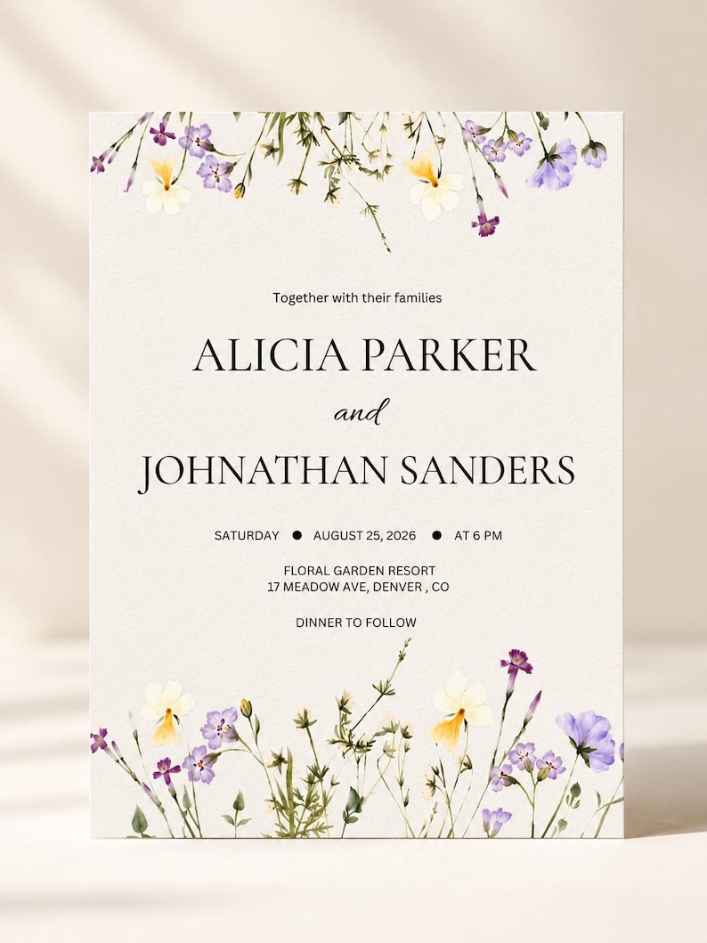 Wildflower Digital Wedding Invitation Template| Boho Floral Electronic ...