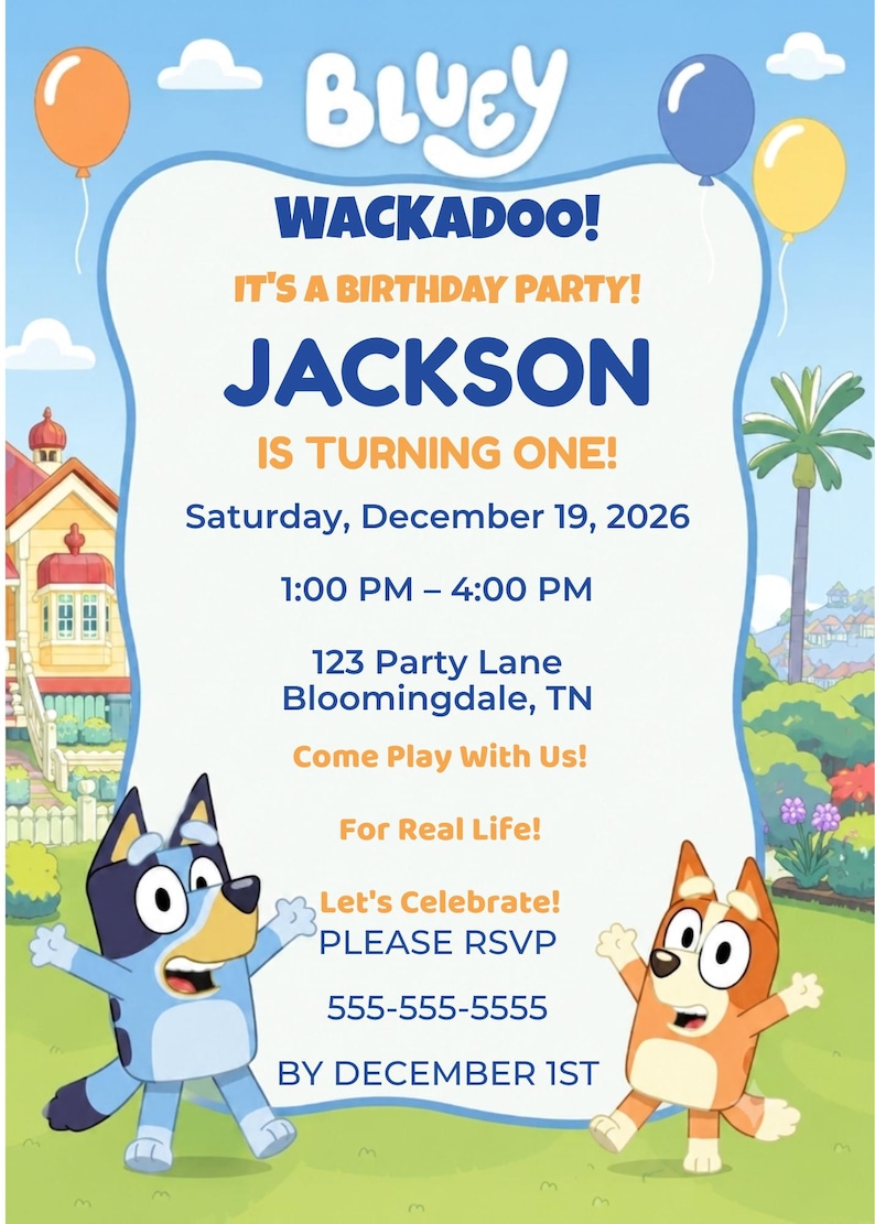 Blue Dog Birthday Invitation, Cartoon Dog Party Invite, Editable Canva ...