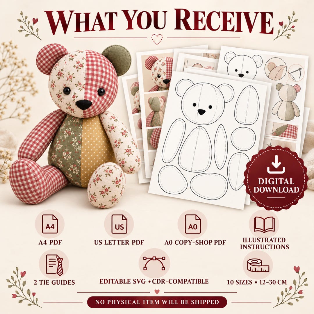 Memory Bear Sewing Pattern PDF: 10 Sizes, Patchwork Keepsake Teddy, A4 ...