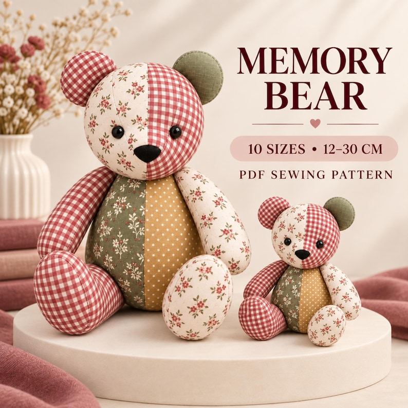 Memory Bear Sewing Pattern PDF: 10 Sizes, Patchwork Keepsake Teddy, A4 ...