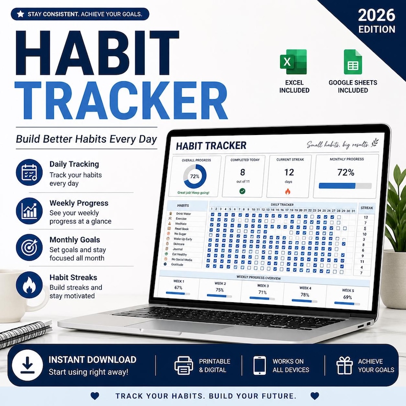 Habit Tracker Spreadsheet | Goal Planner, Productivity Template ...