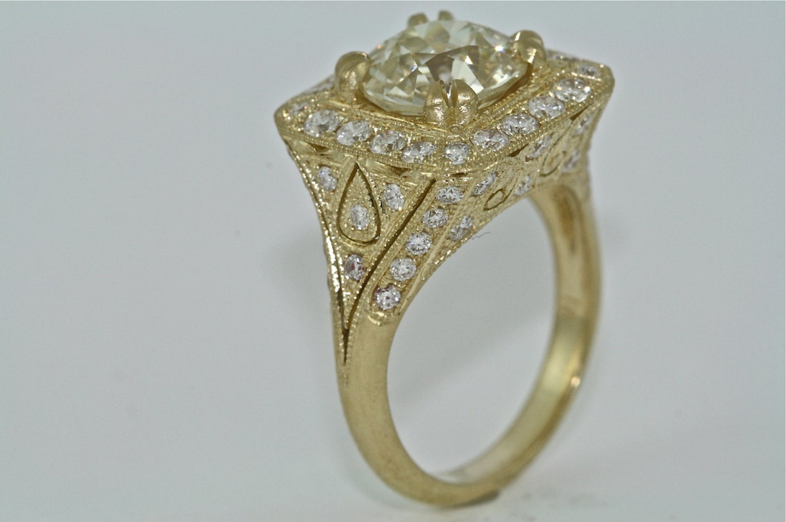 14kt Yellow Gold and Diamond Art Deco Design Engagement Ring | Etsy