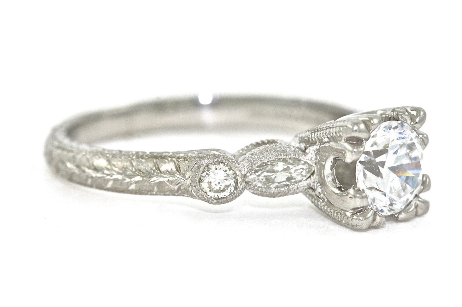 Platinum and Diamond Hand Engraved Engagement Ring With .65ct White ...